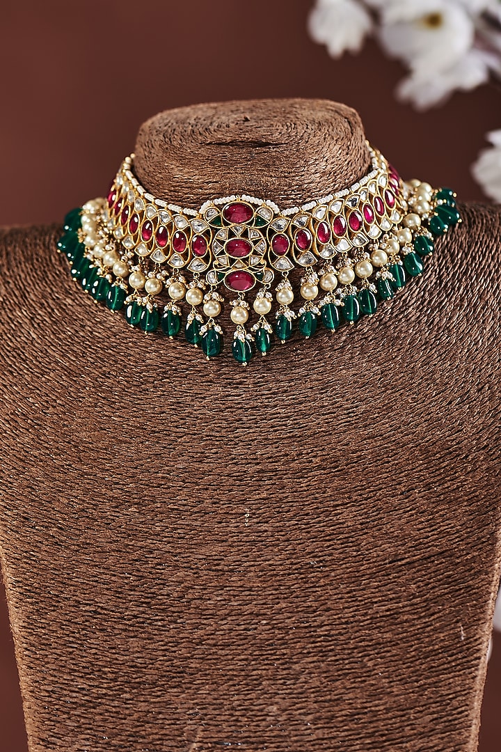 Gold Finish Faux Emeralds & Ruby Choker Necklace In Sterling Silver by ...