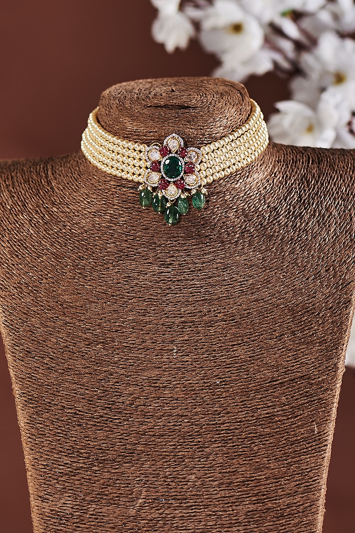 Gold Finish Faux Emeralds & Ruby Necklace In Sterling Silver by Hunar ...