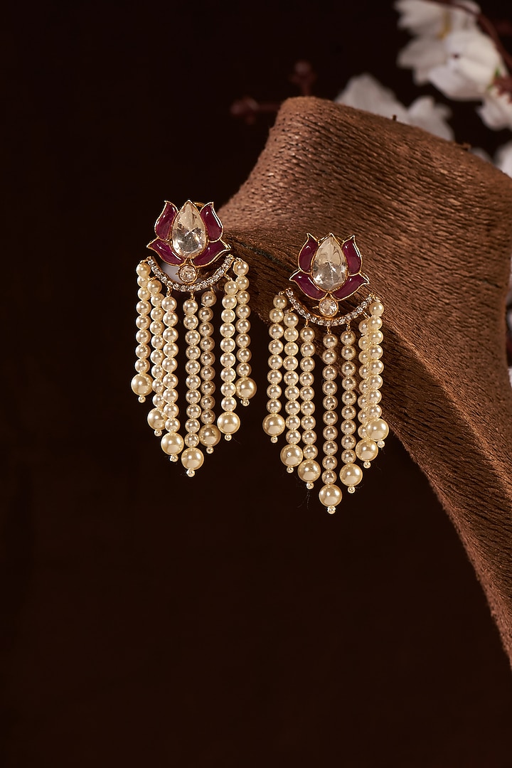 Gold Finish Moissanite Polki & Ruby Synthetic Stones Dangler Earrings ...