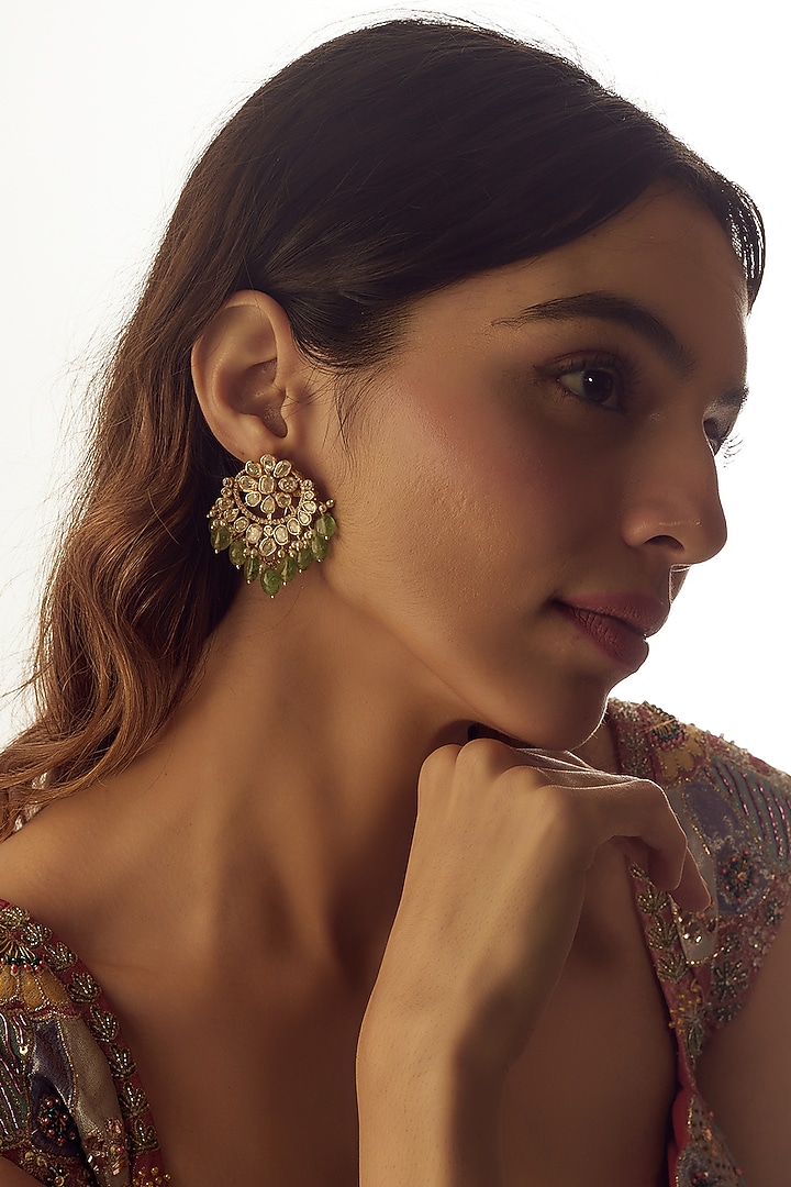 Gold Finish Moissanite Polki Stud Earrings In Sterling Silver by Hunar ...