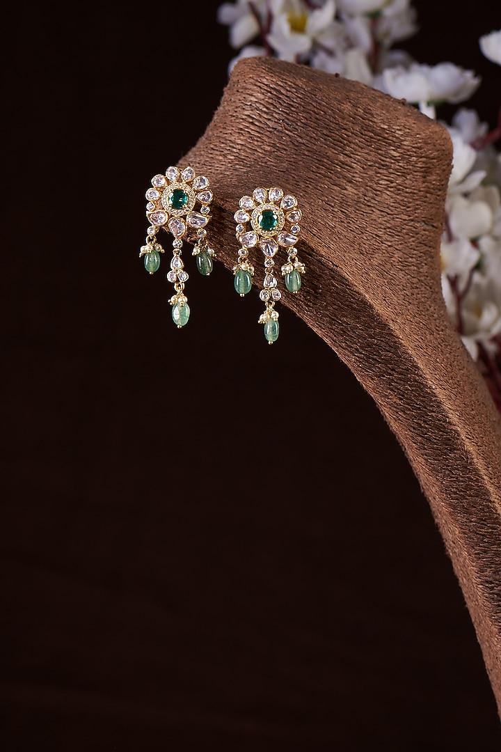Gold Finish Moissanite Polki & Green Stone Dangler Earrings In Sterling ...