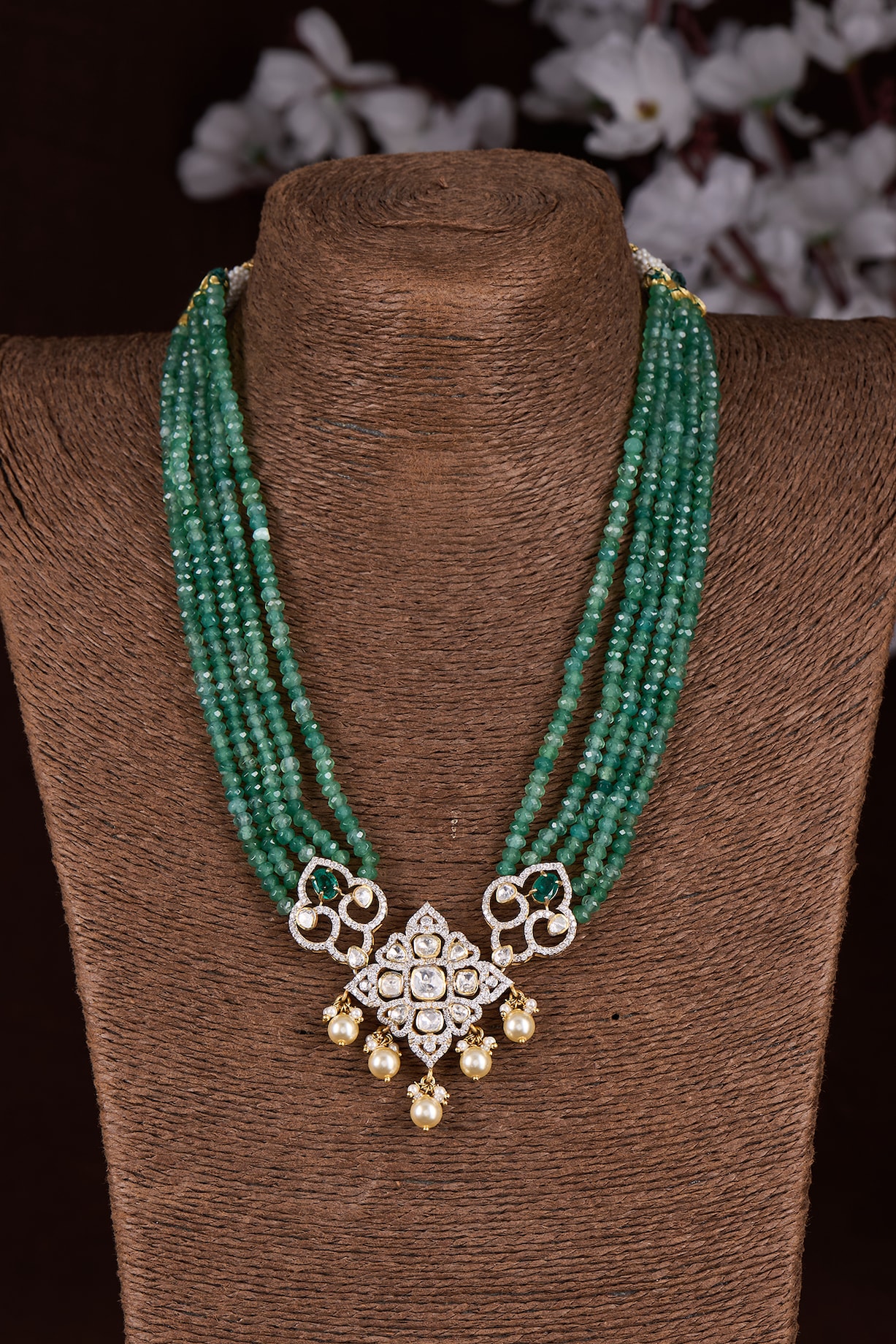 Gold Finish Moissanite Polki & Emerald Stone Long Necklace In Sterling ...