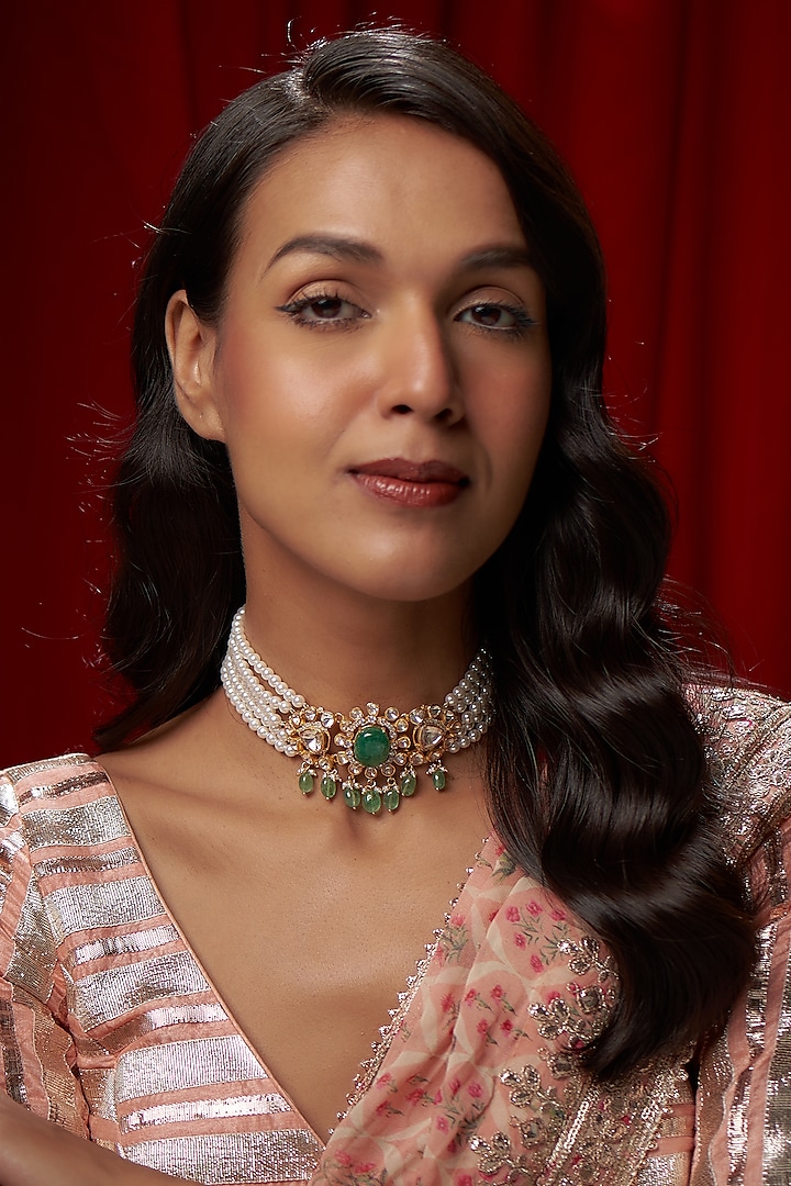 Gold Finish Pearls & Moissanite Polki Choker Necklace In Sterling ...