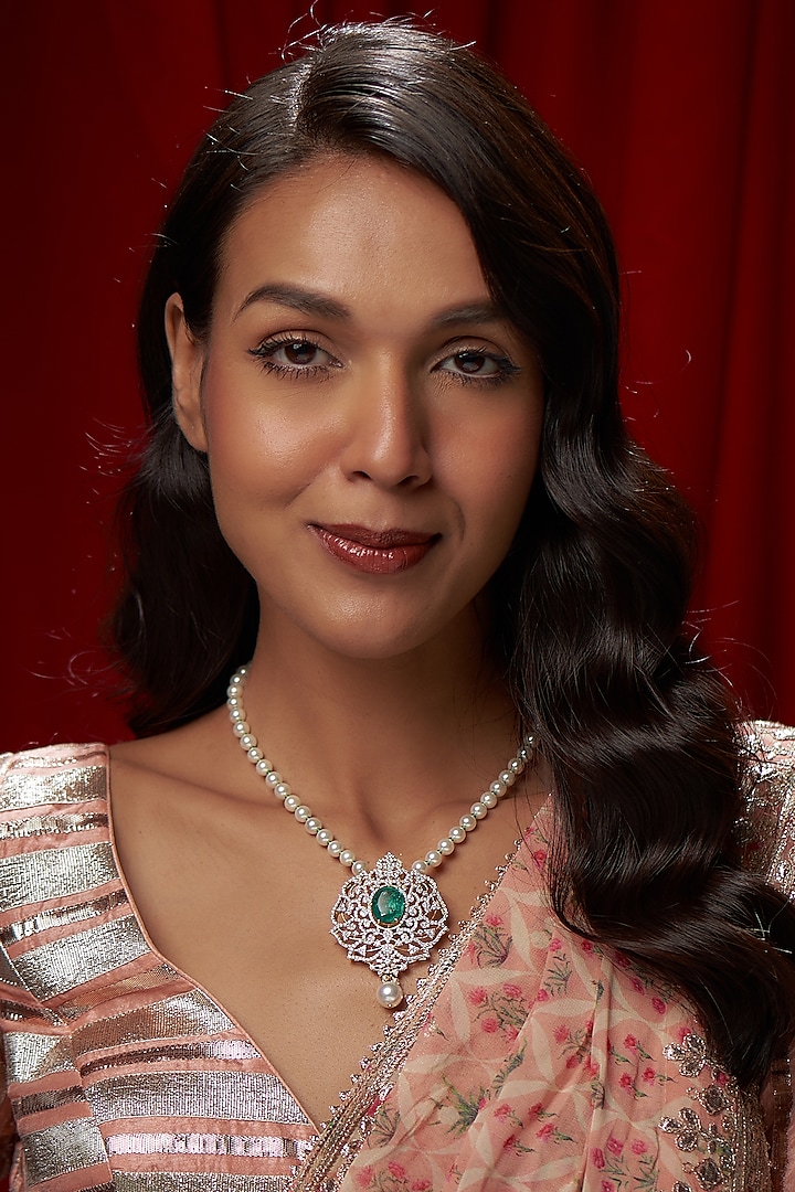 Gold Finish Moissanite Polki & Emerald Necklace In Sterling Silver by ...