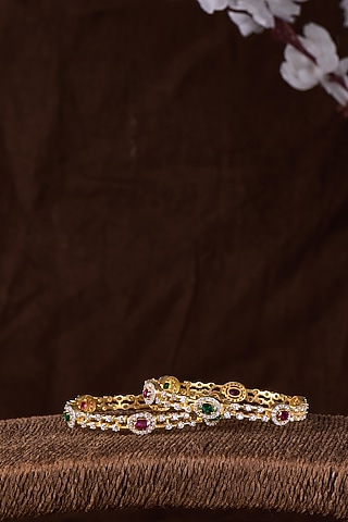 Gold Finish Moissanite Polki & Multi-Colored Stone Bangle In Sterling ...