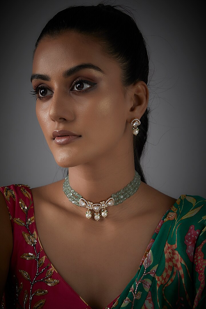 Gold Finish Moissanite Polki & Green Synthetic Stone Choker Necklace ...