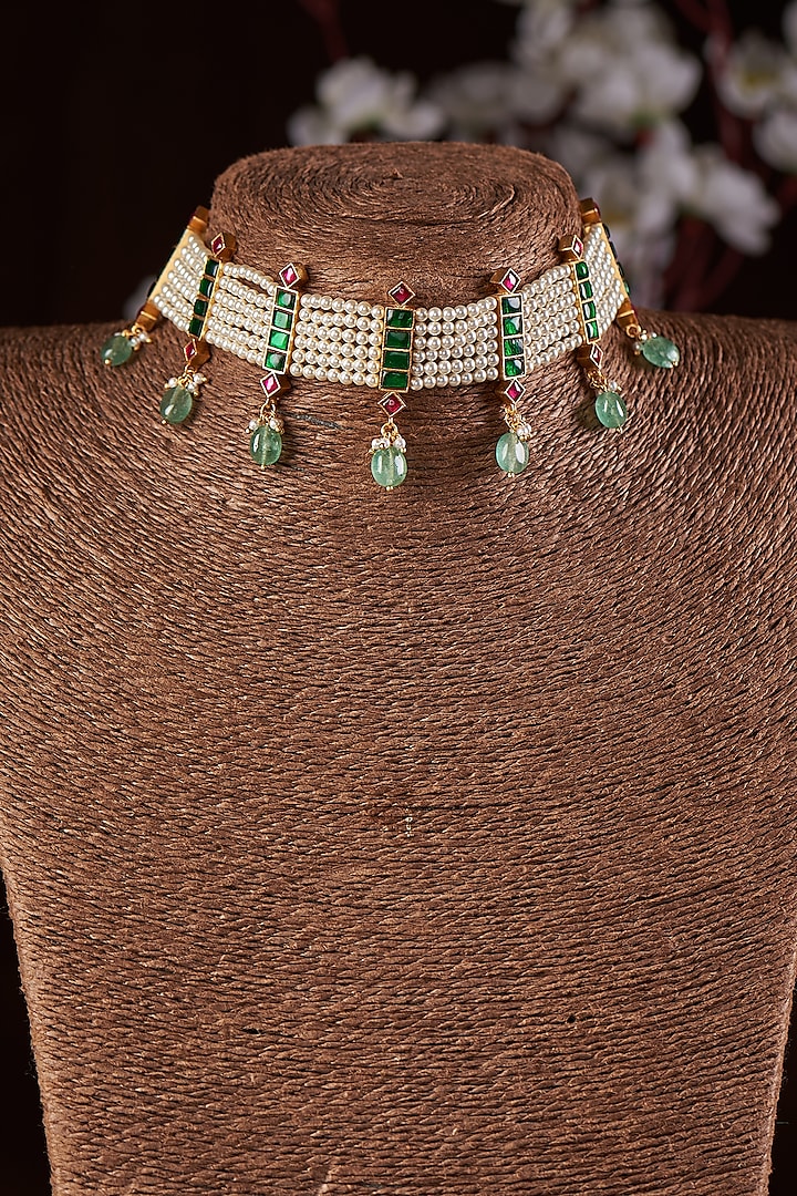 Gold Finish Moissanite Polki & Pearl Necklace In Sterling Silver Design ...