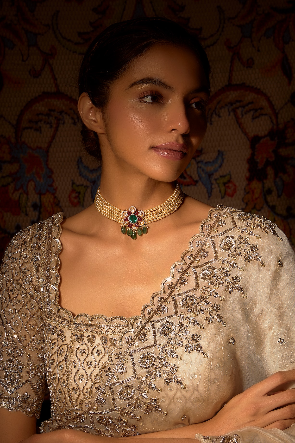 Gold Finish Faux Emeralds & Ruby Necklace In Sterling Silver by Hunar ...