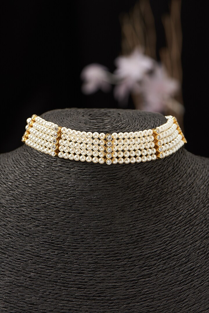 Gold Finish Pearl Choker Necklace In Sterling Silver by Hunar at Pernia ...