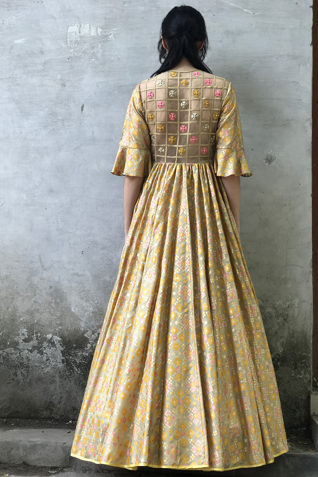 Beige Gold Printed & Floral Embroidered Gown Design by I AM DESIGN at ...