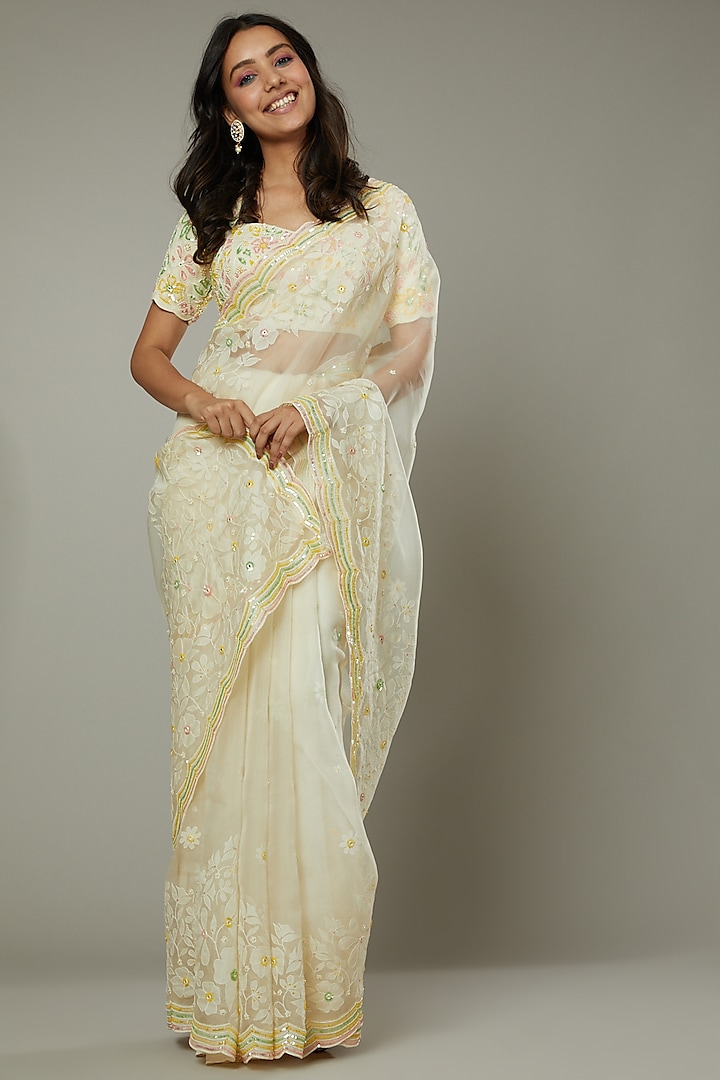 French Vanilla Candy Raw Silk Hand Embroidered Saree Set by I AM DESIGN ...