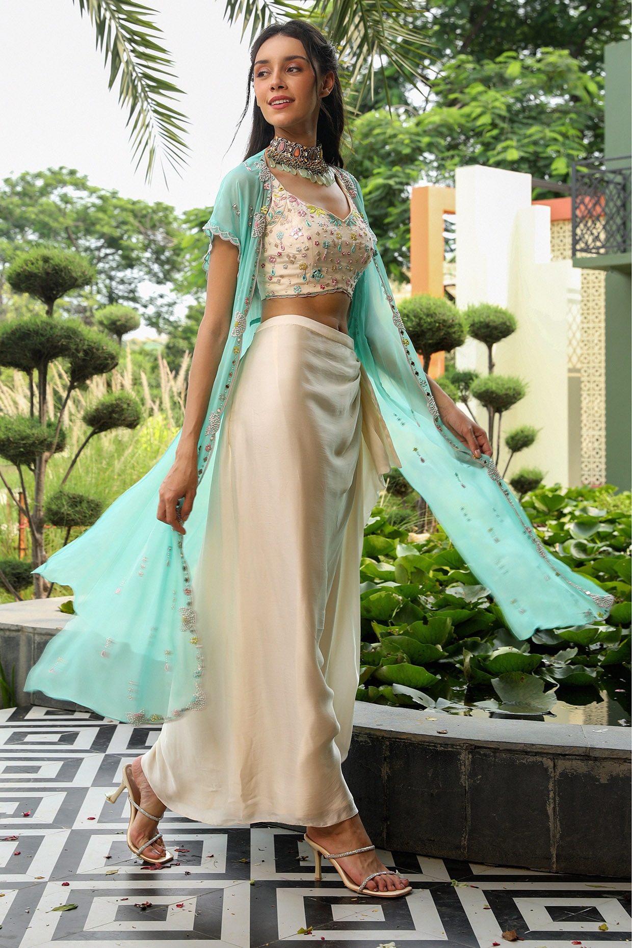 Turquoise Italian Organza Hand Embroidered Cape Set by Studio Imbaali ...