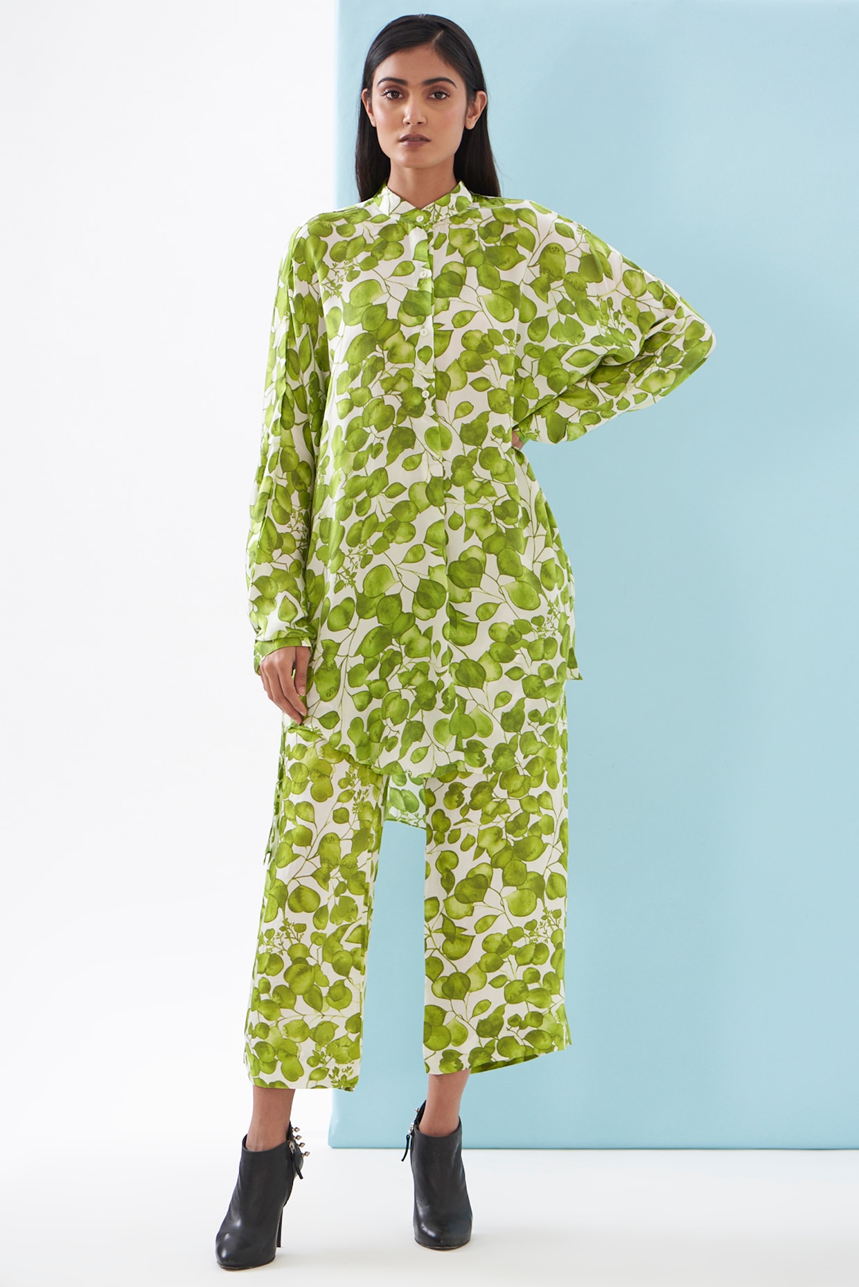 Green Bemberg Satin & Linen Satin Printed Co-Ord Set by Inca at Pernia ...