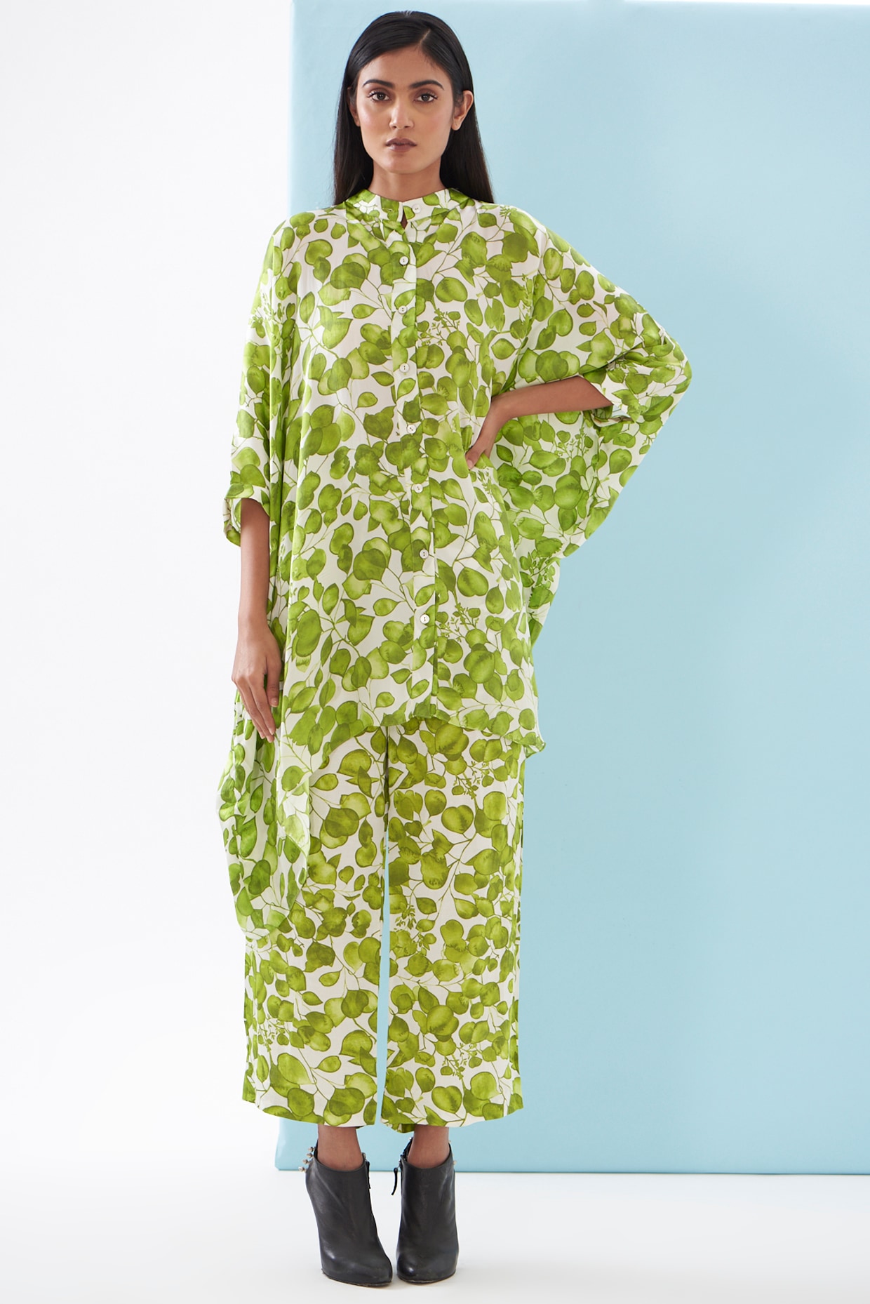 Green Bemberg Satin & Linen Satin Printed Co-Ord Set by Inca at Pernia ...