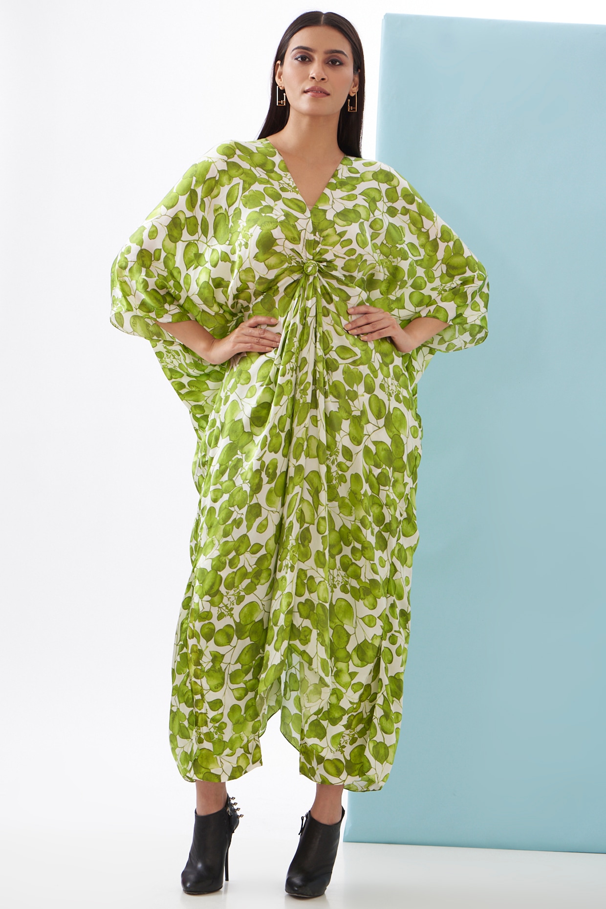 Green Bemberg Satin & Linen Satin Printed Kaftan Set by Inca at Pernia ...