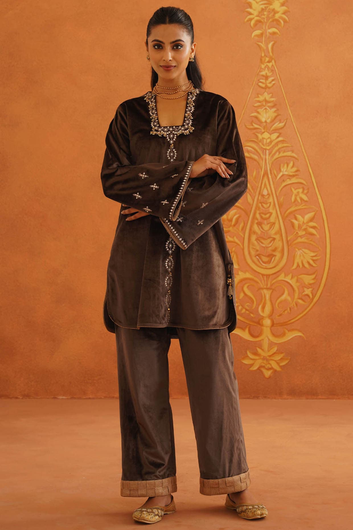 Brown Velvet Sequins Embellished A-Line Co-Ord Set by Inej at Pernia's ...