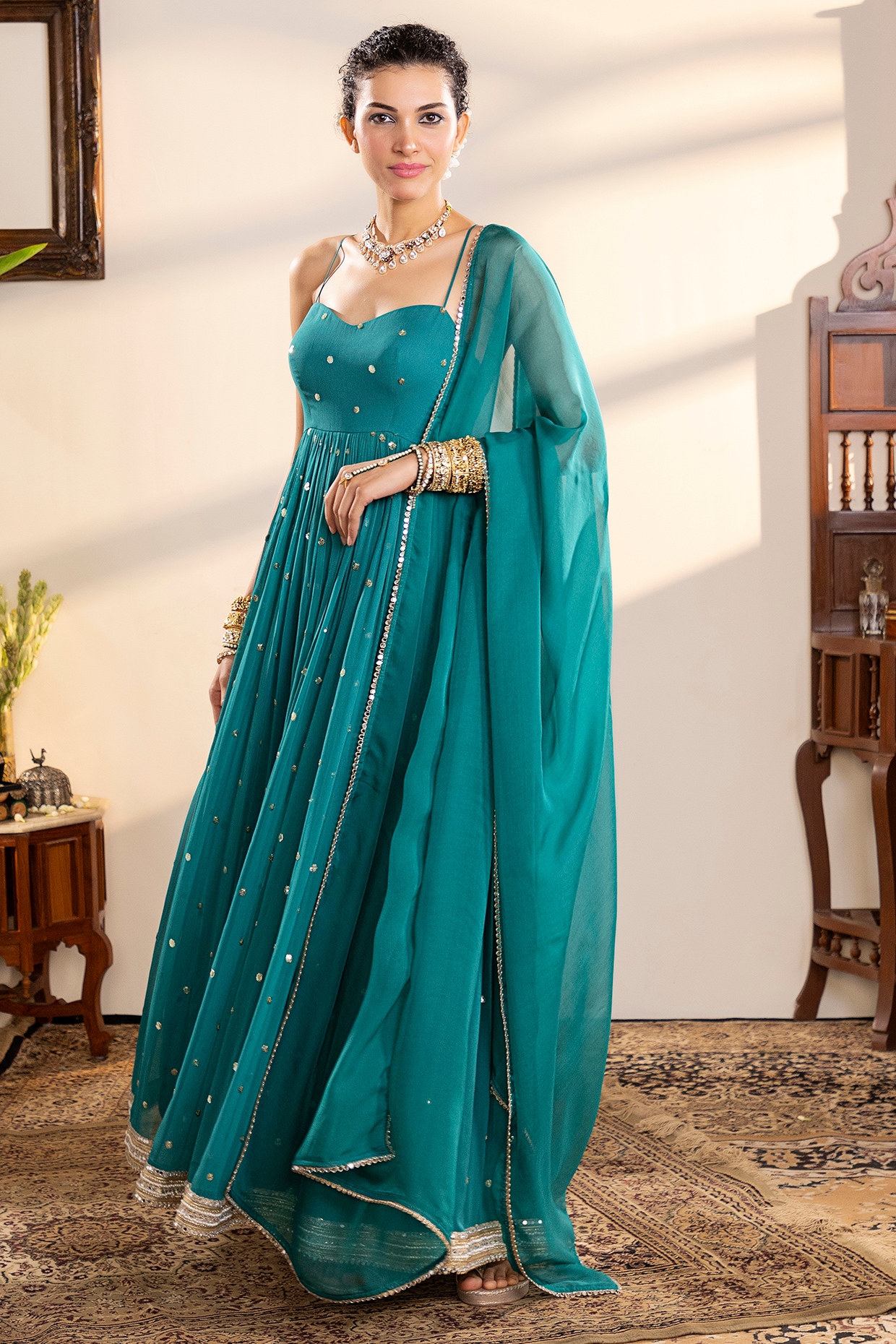 Sea Green Georgette Sequins Embroidered Anarkali Set by Indian Wardrobe ...