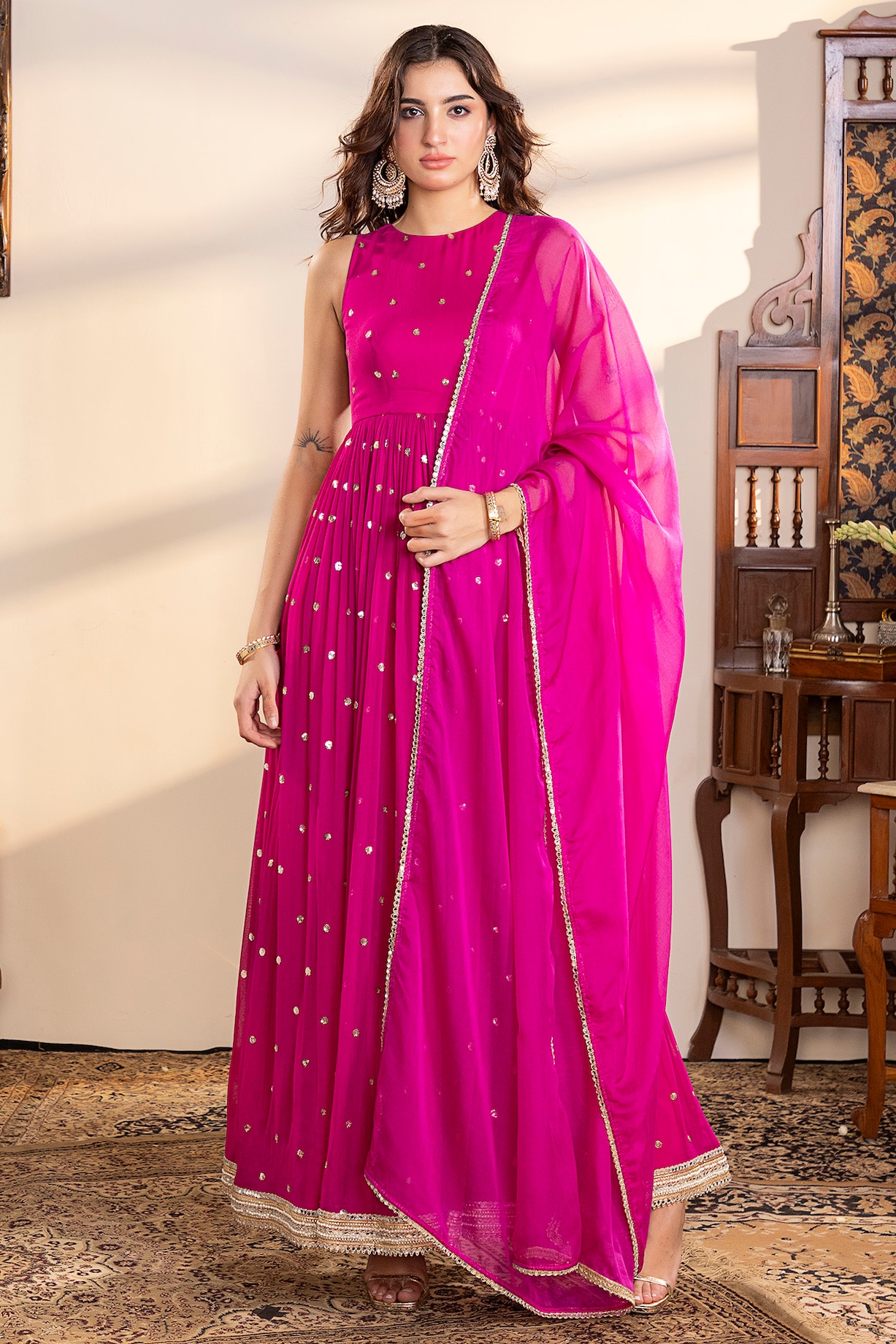 Magenta Georgette Sequins Embroidered Anarkali Set by Indian Wardrobe ...