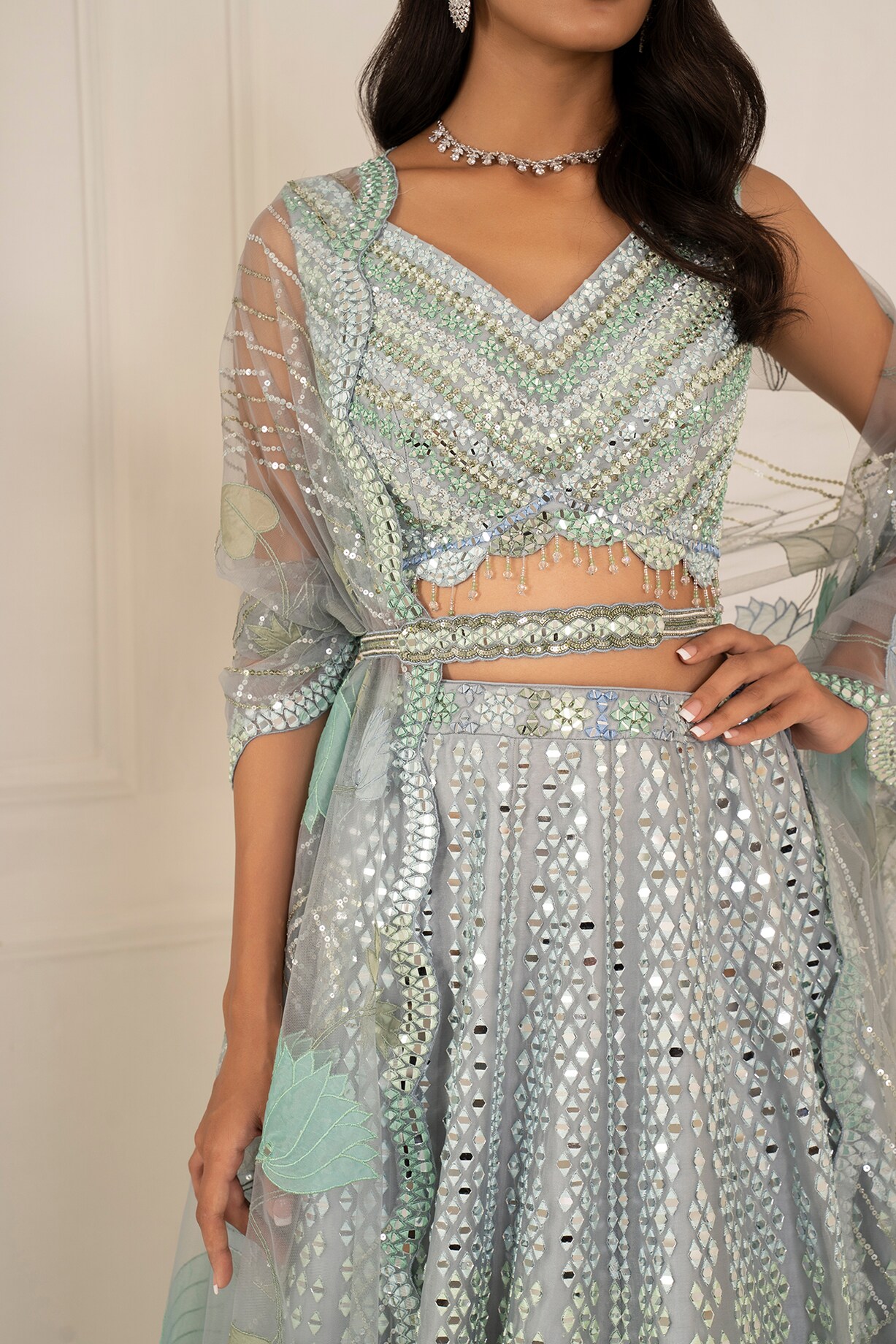 Ice Blue Hand Embroidered Wedding Lehenga Set by Studio Iris at Pernia ...