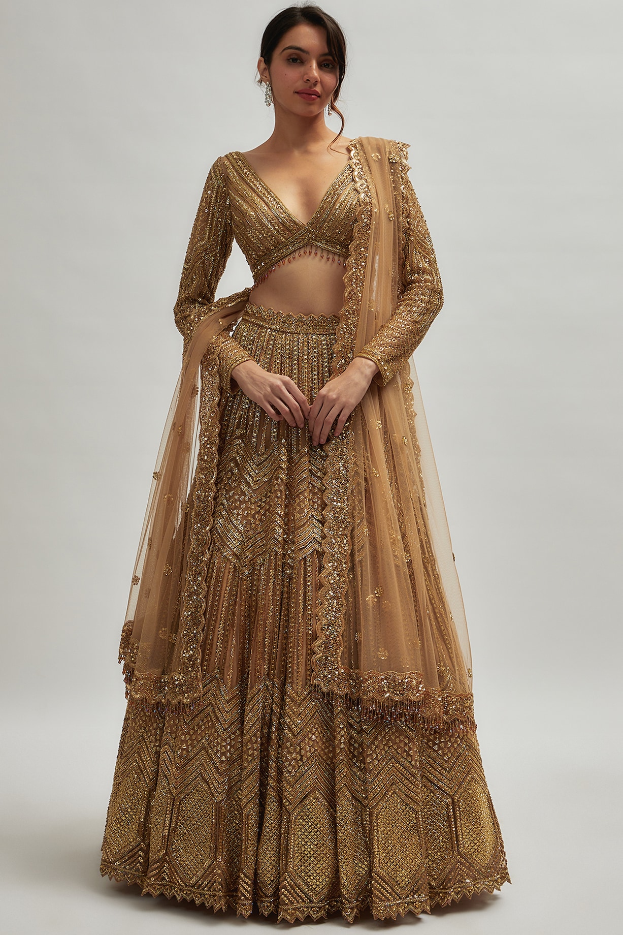 Dark Gold Net Hand Embroidered Bridal Lehenga Set by Isa by Dolly Wahal ...