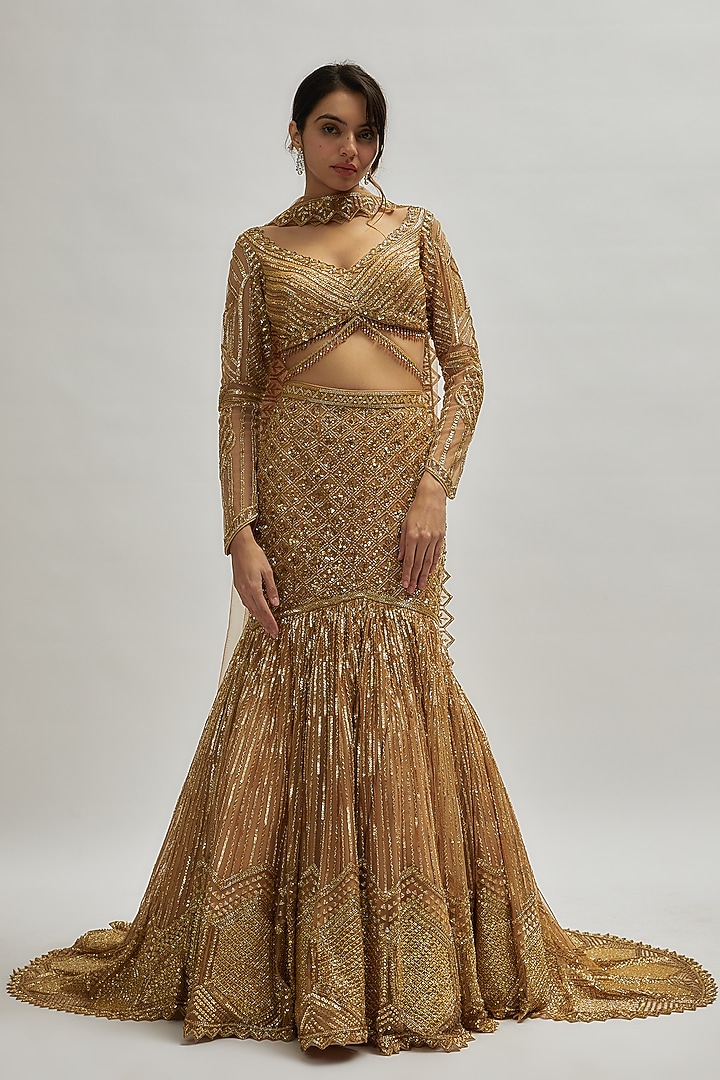 Gold Net Embroidered Fish-Cut Lehenga Set Design by Isa by Dolly Wahal ...