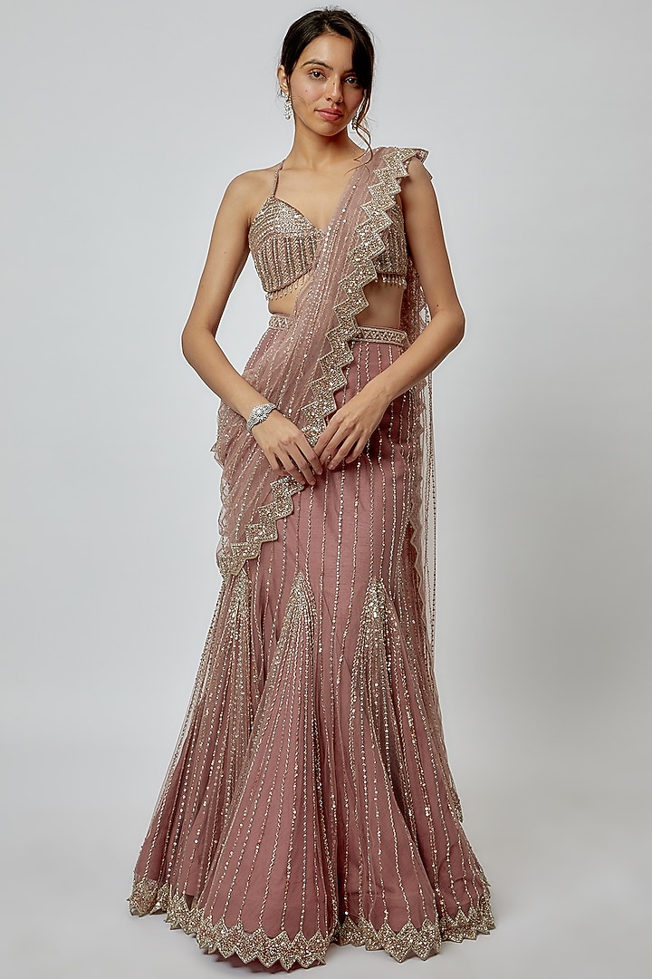 Champagne Pink Net Embroidered Pre-Draped Saree Set by Isa by Dolly ...