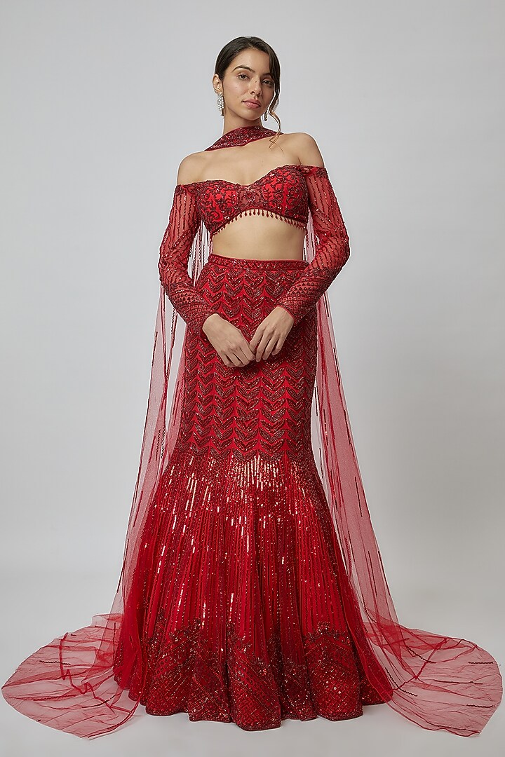 Red Net Embroidered Fish Cut Lehenga Set Design by Isa by Dolly Wahal ...