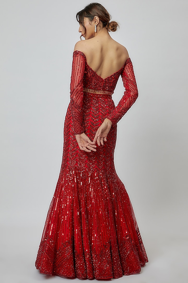 Red Net Embroidered Fish Cut Lehenga Set Design by Isa by Dolly Wahal ...
