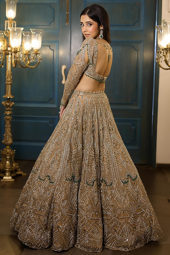 Gold Net Floral Embroidered Bridal Lehenga Set by Isa by Dolly Wahal at ...