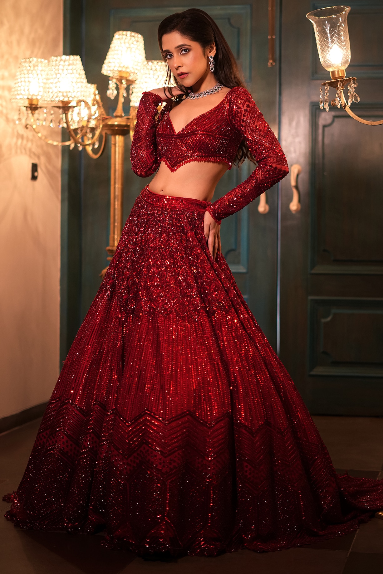 Deep Red Net Sequins & Crystal Embroidered Bridal Lehenga Set by Isa by ...