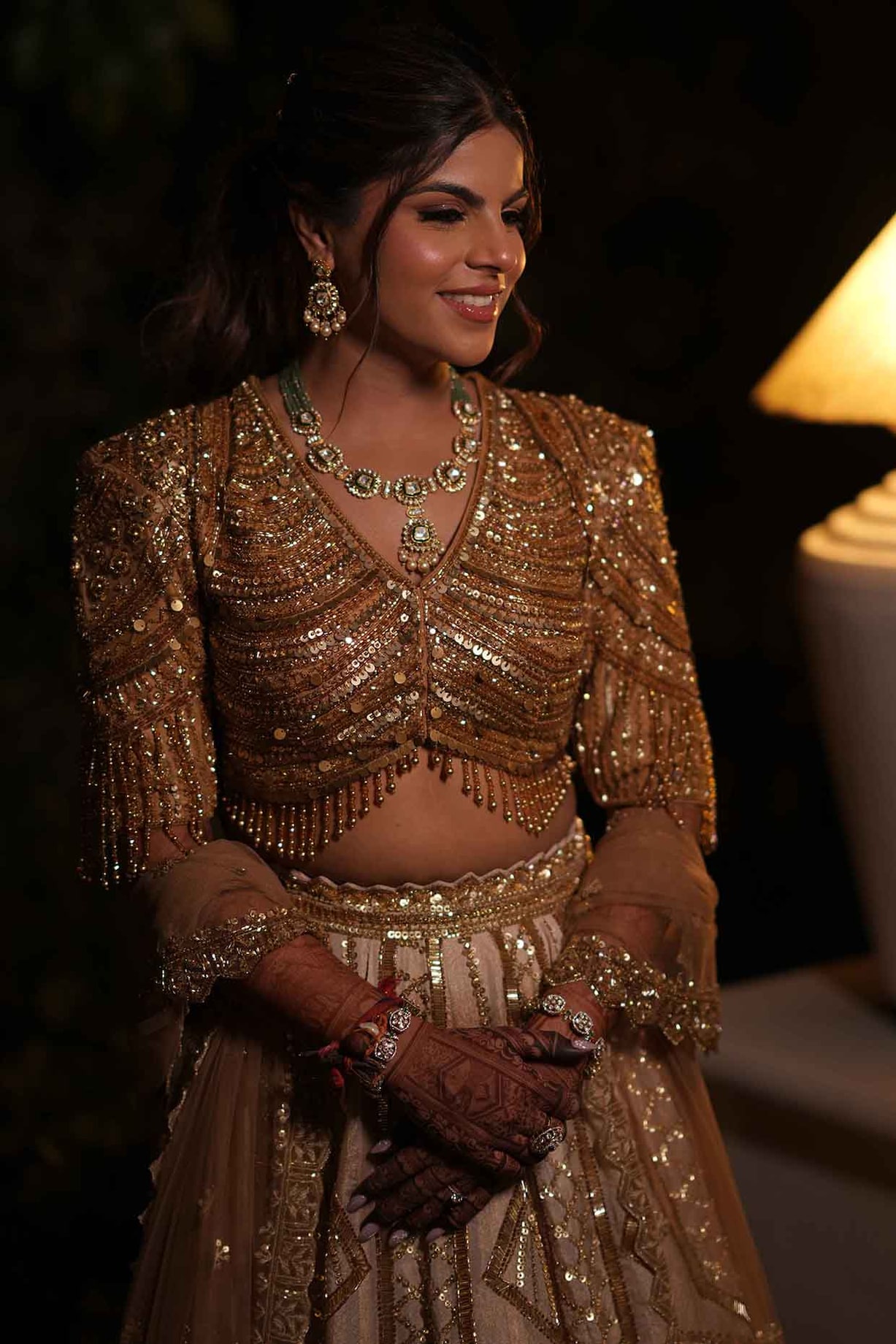 Cream & Gold Tissue Hand Embroidered Bridal Lehenga Set by Isa by Dolly ...