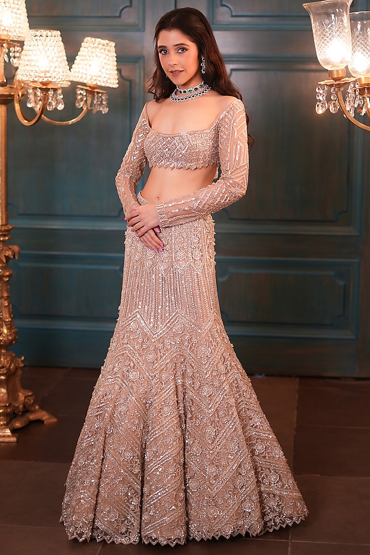 Light Gold Net Sequins Embroidered Bridal Lehenga Set by Isa by Dolly ...