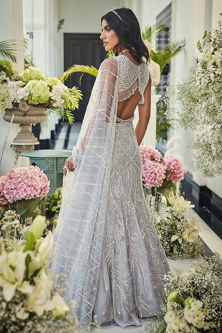 Ice Blue Organza Embroidered Fish Cut Bridal Lehenga Set by Isa by ...
