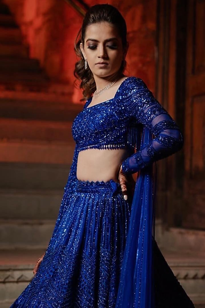Blue Net Crystal & Cutdana Embroidered Bridal Lehenga Set by Isa by ...