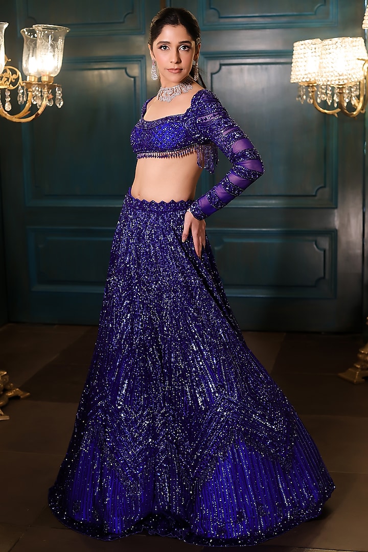 Electric Blue Net Sequins Embroidered Bridal Lehenga Set by Isa by ...