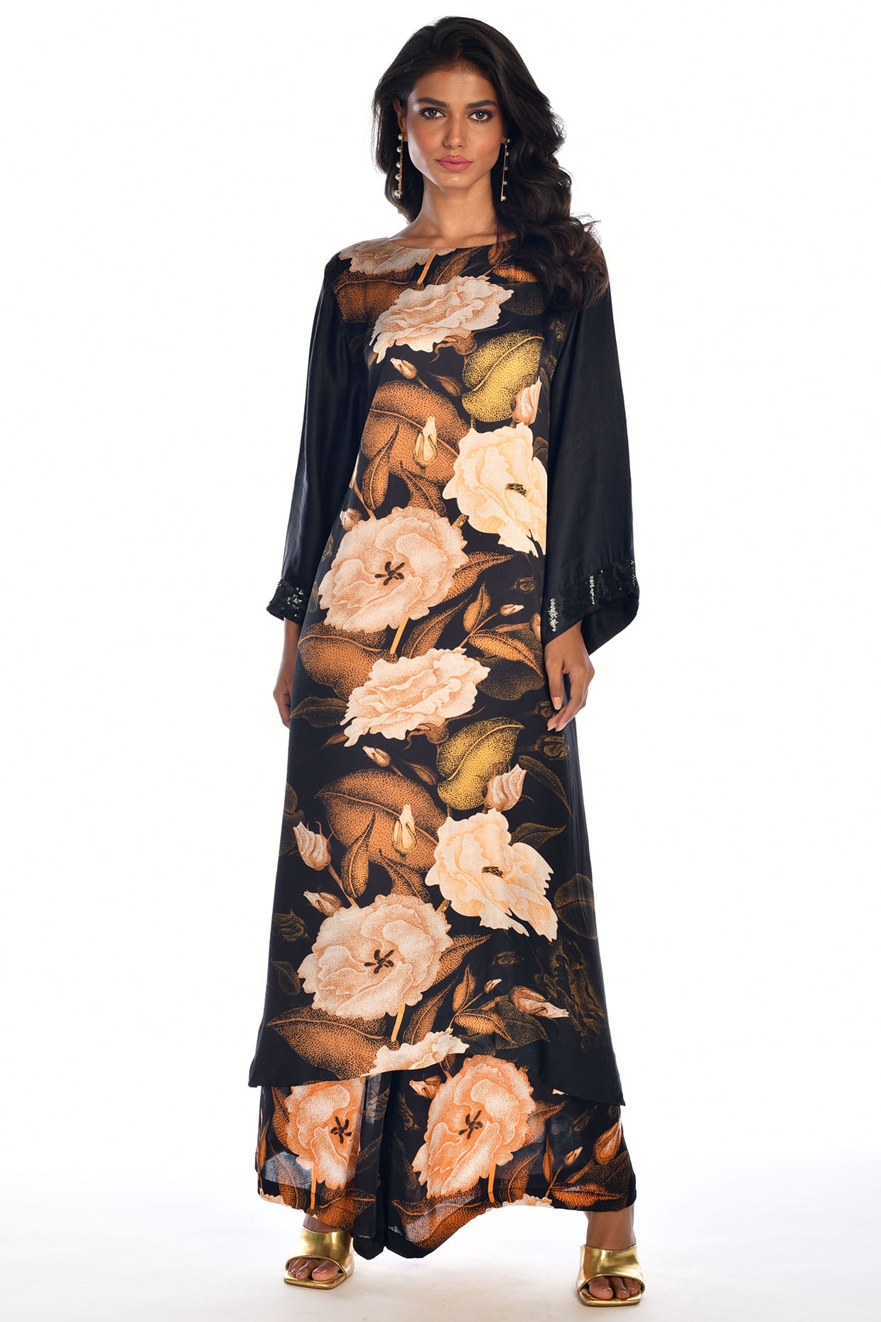 Black Satin Georgette Digital Printed Kurta Set by Isadaa by Rotna Dutt at Pernia's Pop Up Shop 2025