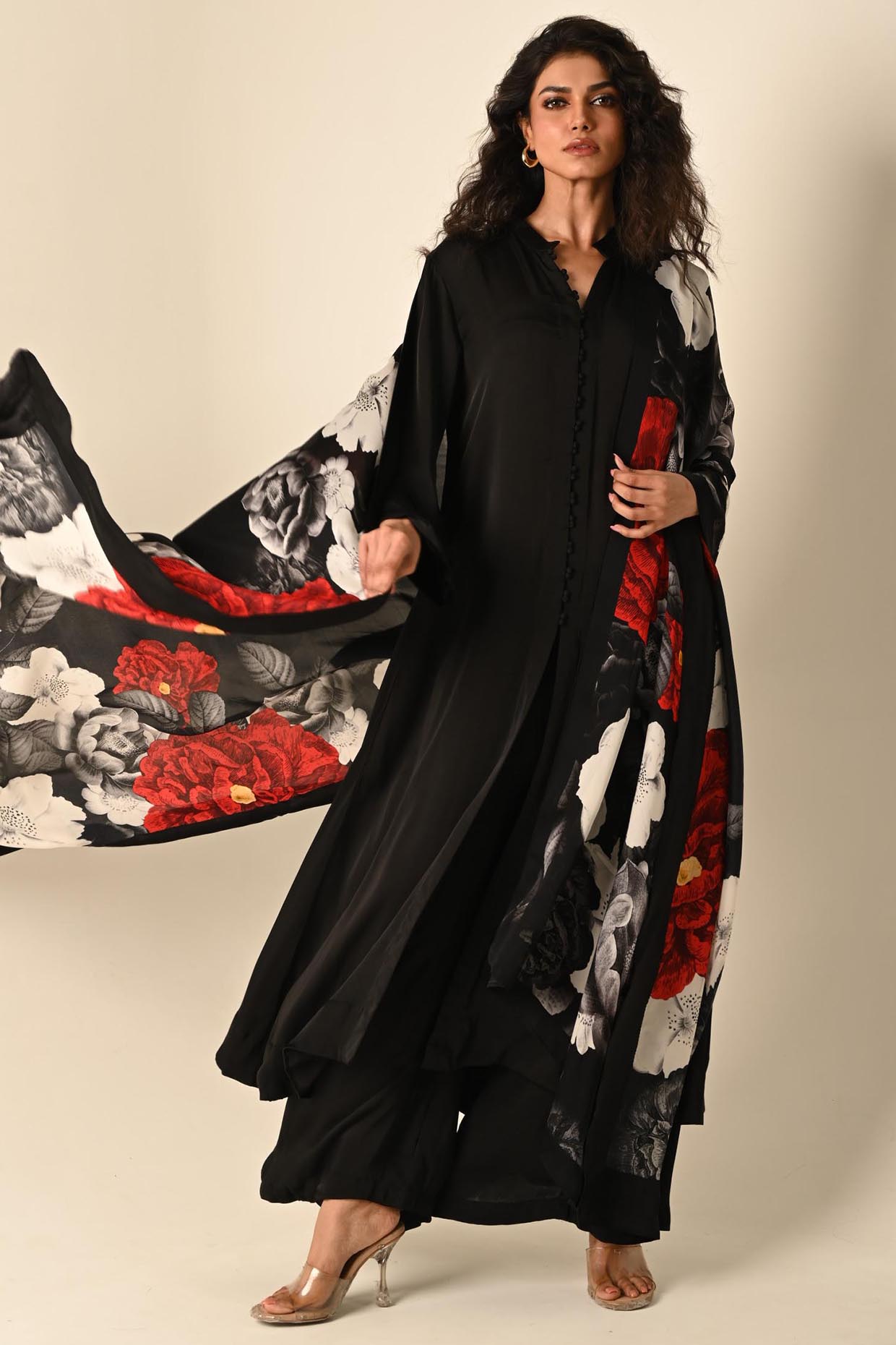 Black Satin Georgette Kurta Set by Isadaa by Rotna Dutt at Pernia's Pop Up Shop 2025