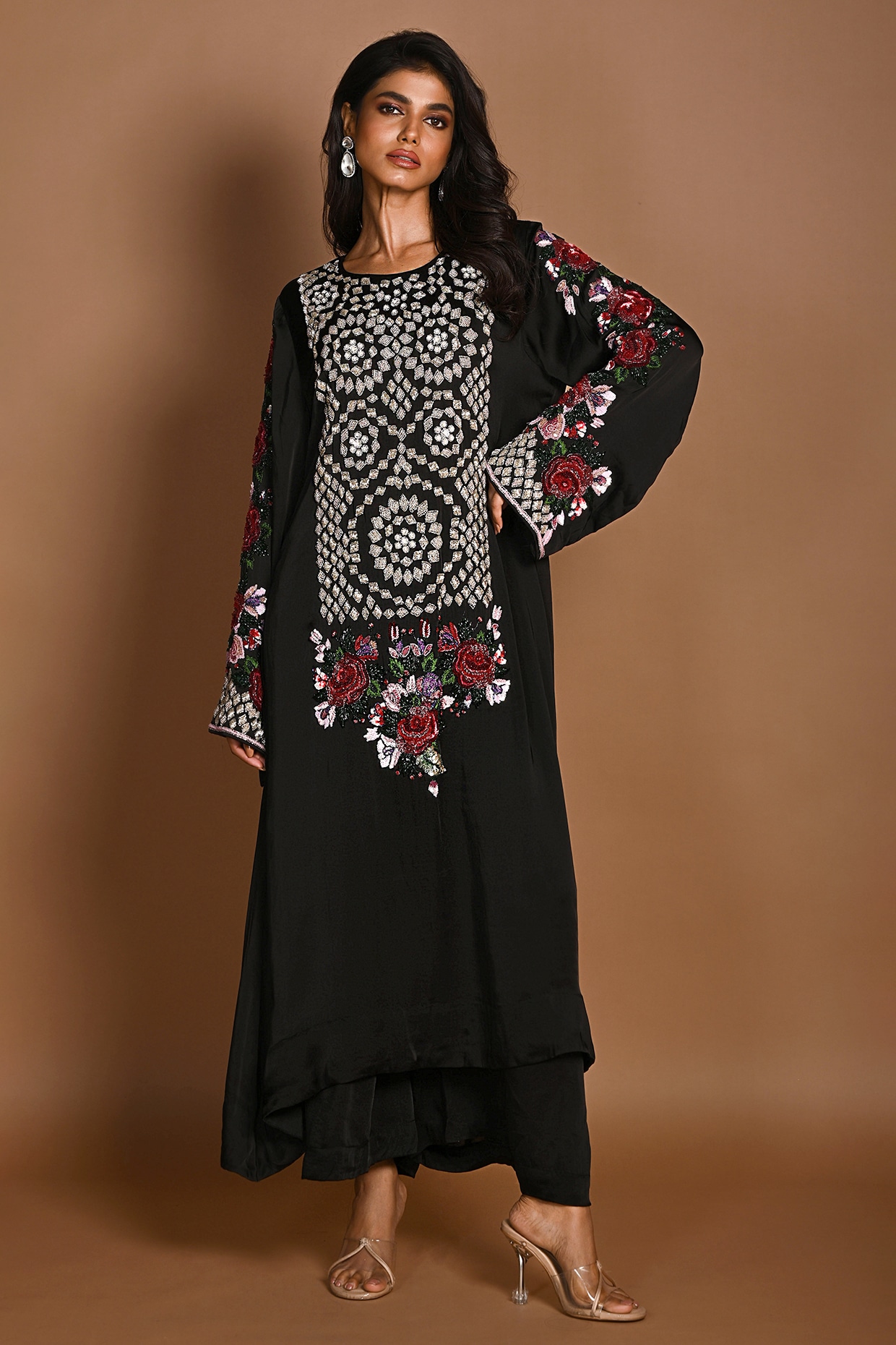 Black Satin Georgette Resham Hand Embroidered Kurta Set by Isadaa by ...