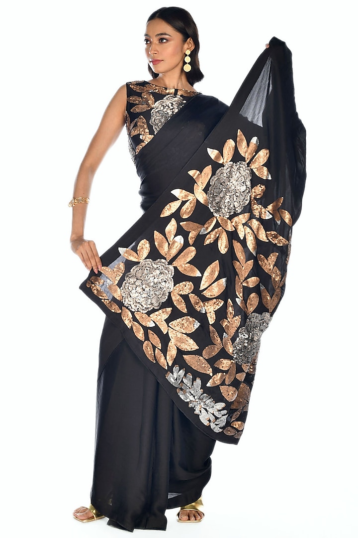 Black Satin Organza Sequins Hand Embroidered Saree Set by Isadaa by ...