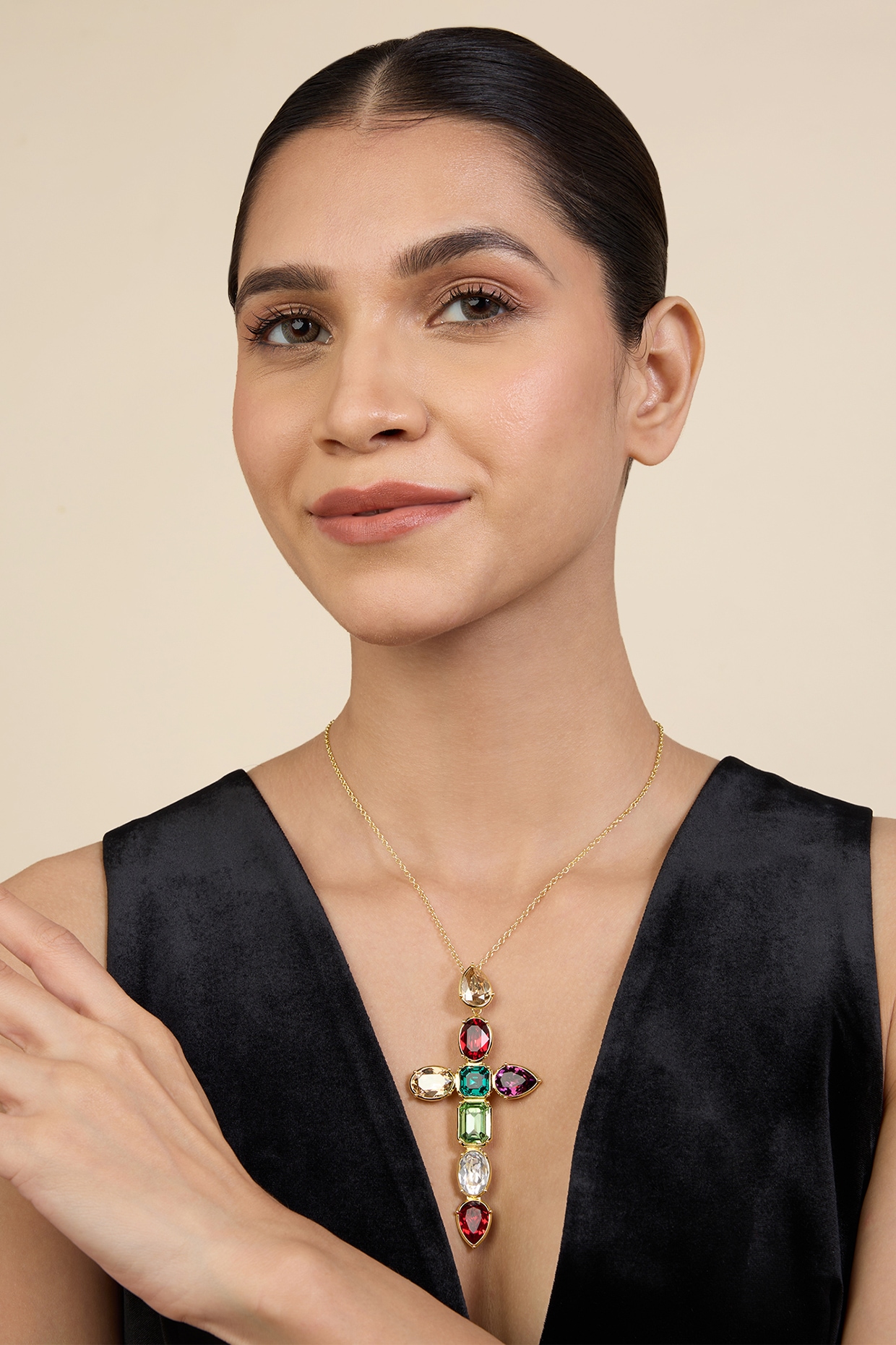 Gold Plated Multi-Colored Crystal Cross-Shaped Necklace by Isharya at ...