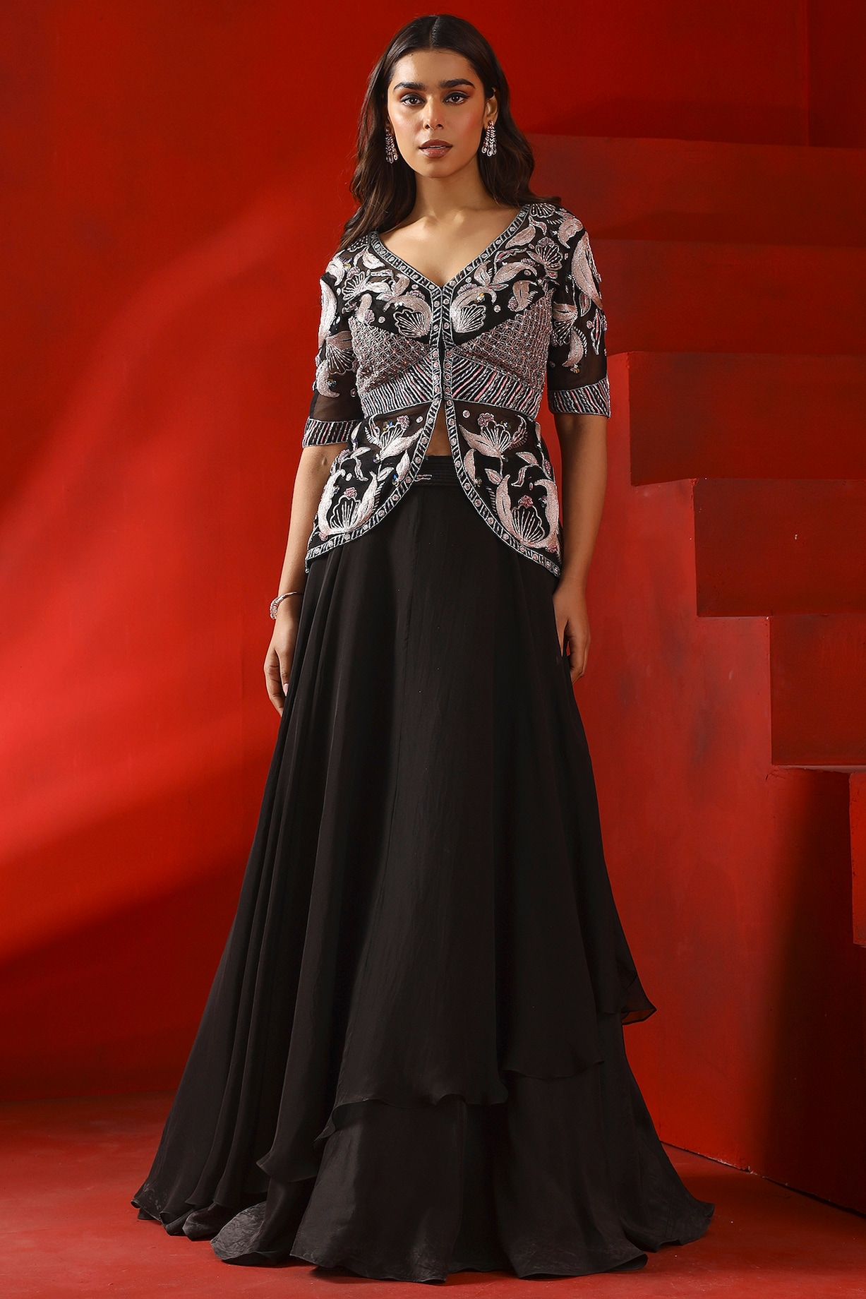 Black Net Printed & Zardosi Embroidered Jacket Set by Isha Gupta Tayal ...