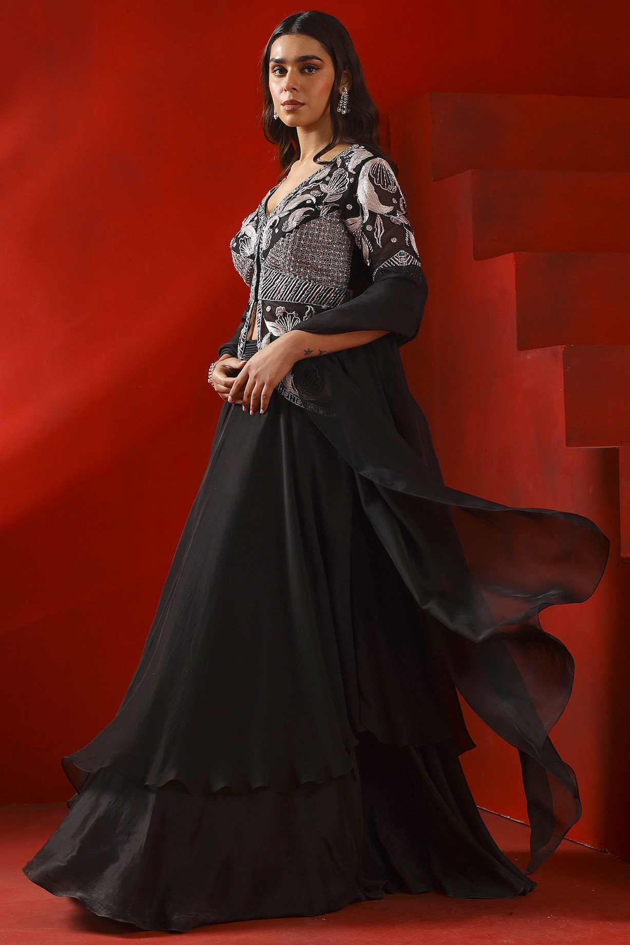 Black Net Printed & Zardosi Embroidered Jacket Set by Isha Gupta Tayal ...