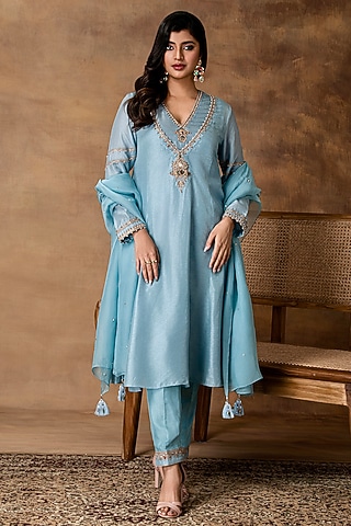 Pastel Blue Silk Embroidered Layered Kurta Set by Isha Gupta Tayal at ...