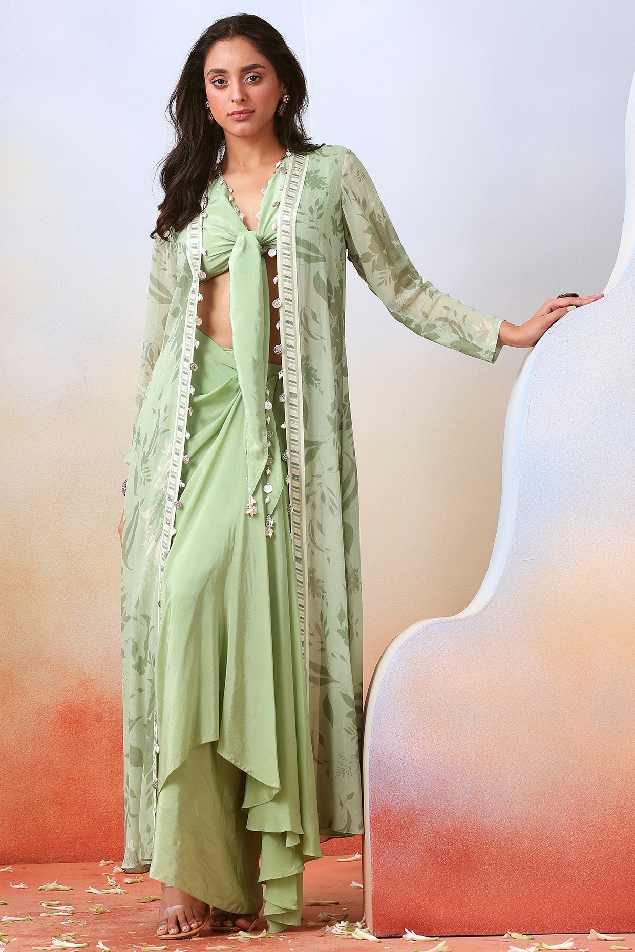 Sage Green Crepe Draped Skirt Set With Cape by Isha Gupta Tayal at ...
