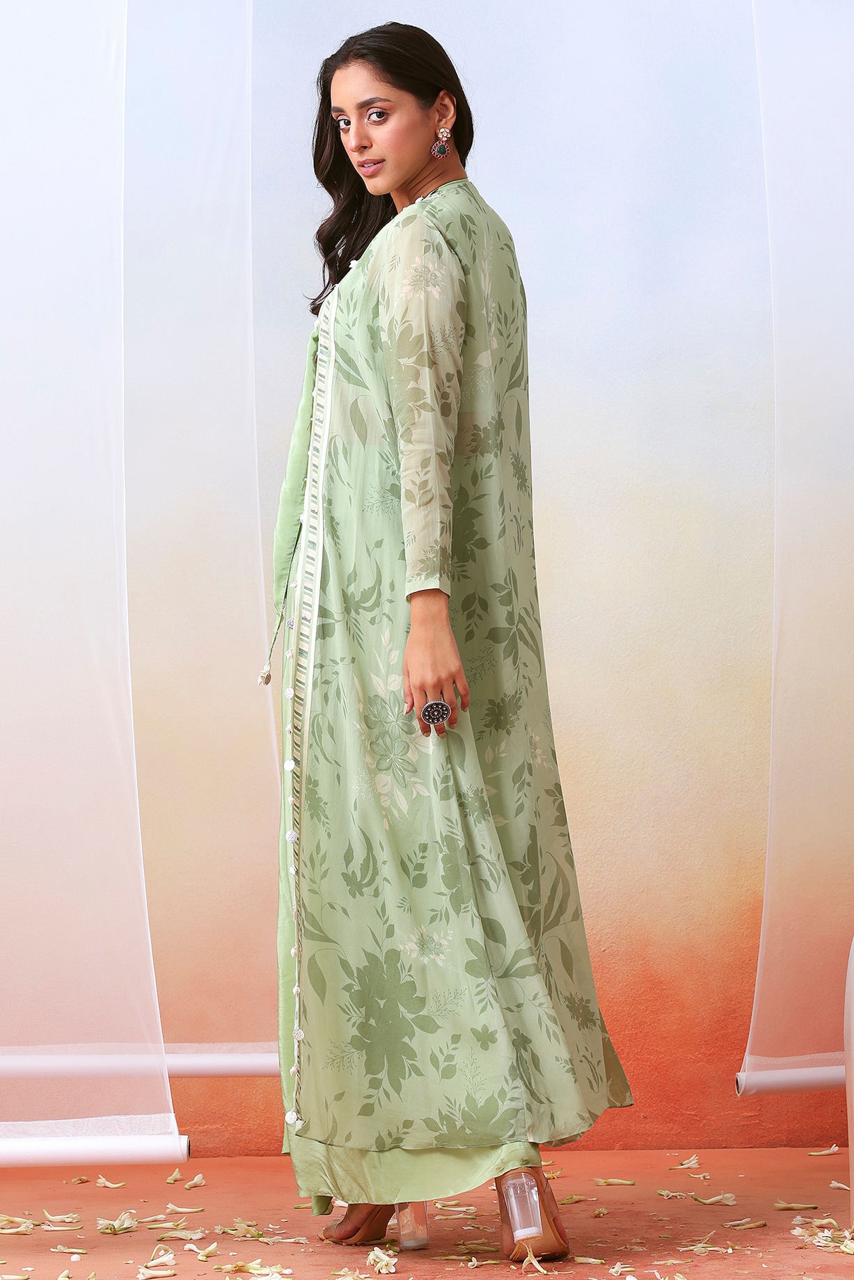 Sage Green Crepe Draped Skirt Set With Cape by Isha Gupta Tayal at ...