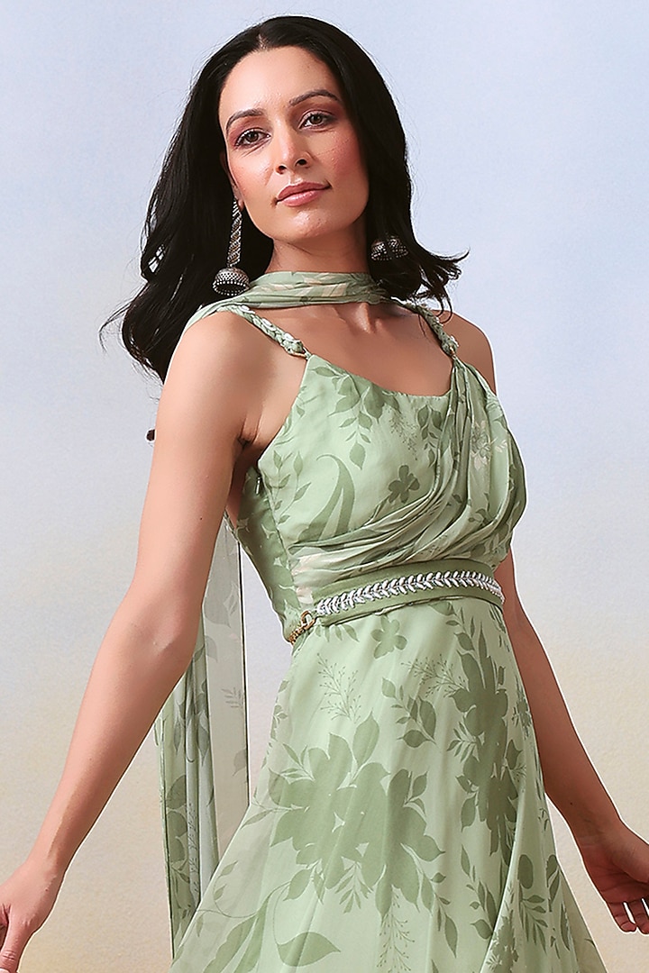 Sage Green Georgette Printed Anarkali Set Design by Isha Gupta Tayal at ...