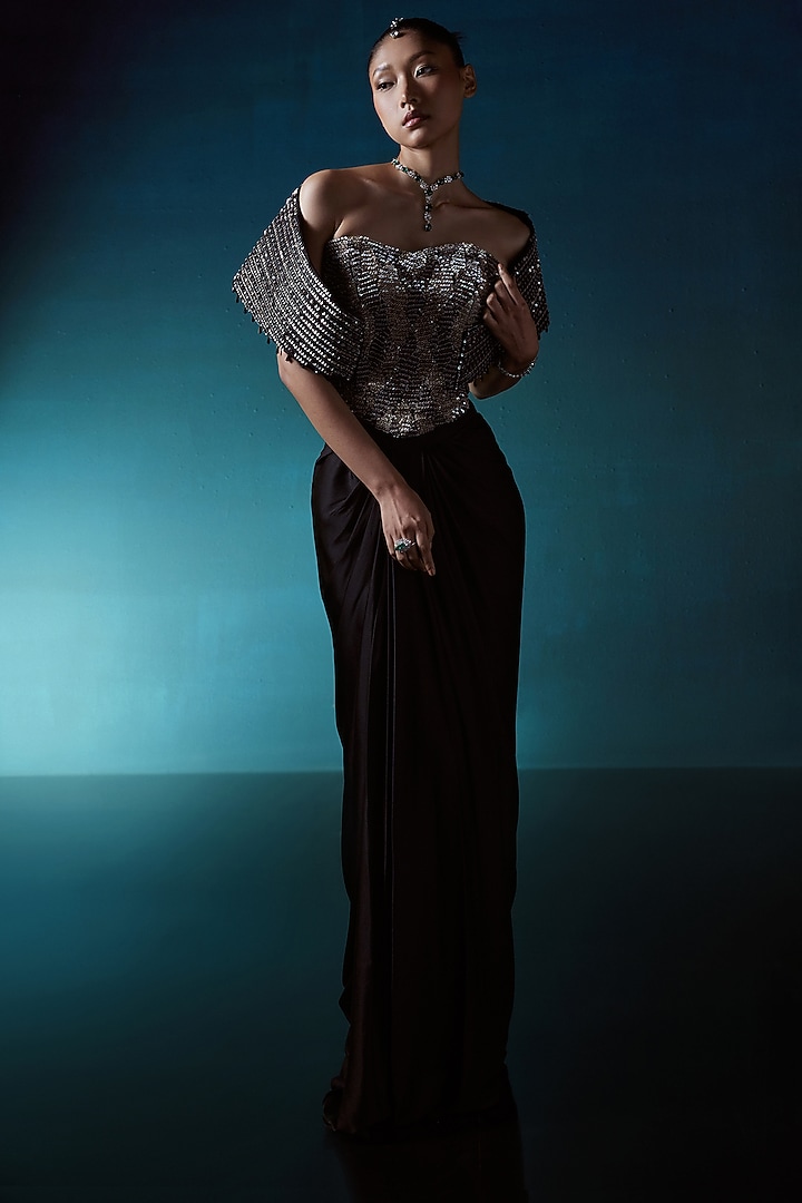 Black Satin Draped Skirt Set by ISTYA at Pernia's Pop Up Shop 2025