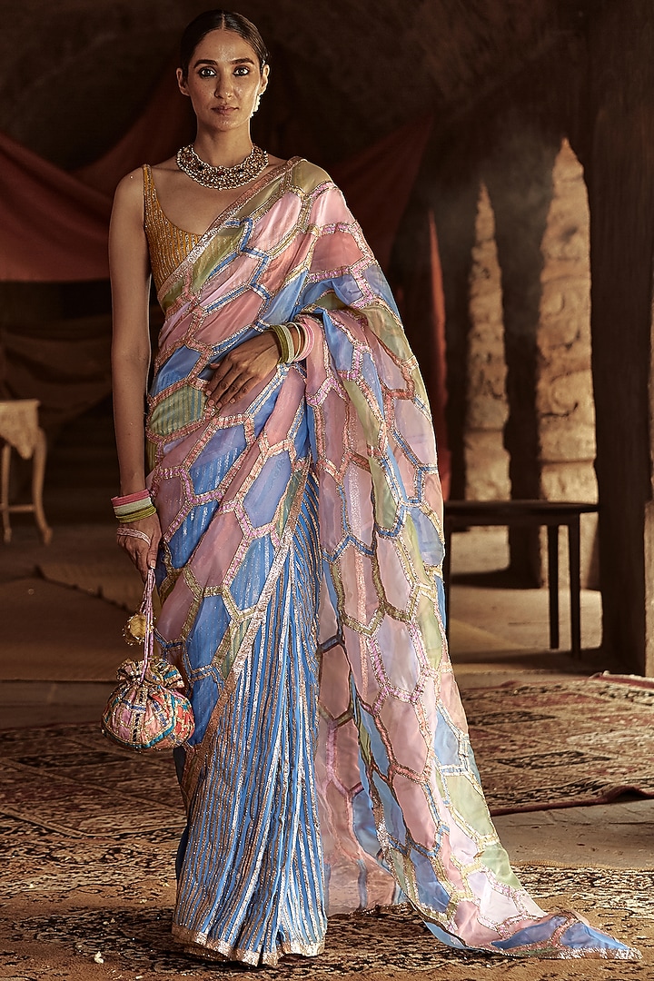 Powder Blue & Gold Honeycomb Saree Set by ITRH at Pernia's Pop Up Shop 2025