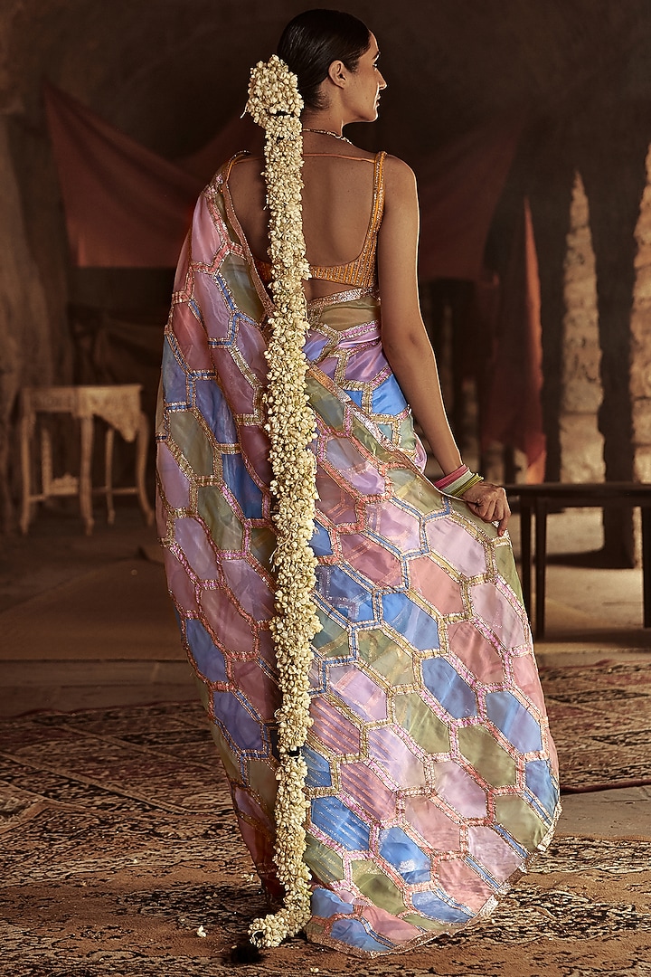Powder Blue & Gold Honeycomb Saree Set by ITRH at Pernia's Pop Up Shop 2025