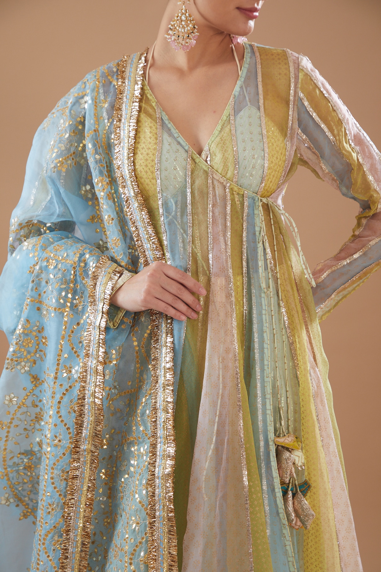 Multi-Colored Silk Organza Block Printed Angrakha Anarkali Set by ITRH ...